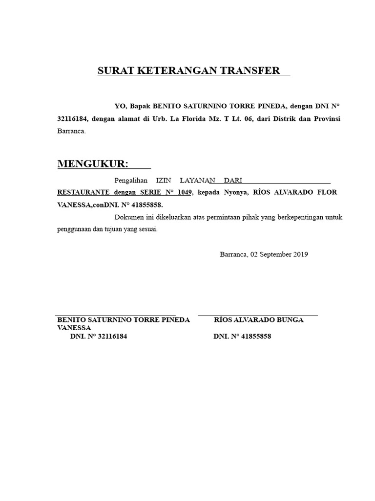 Surat Keterangan Transfer Properti Barranca | PDF