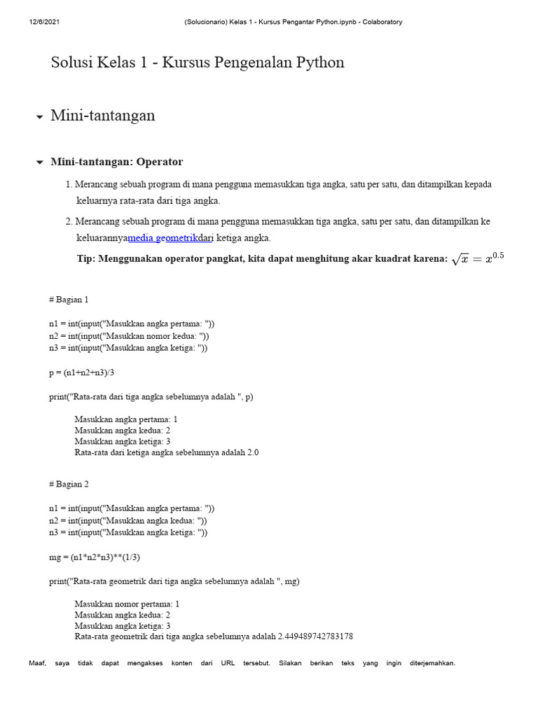 (Solusi) Kelas 1 - Kursus Pengenalan Python - Ipynb - Kolaboratorium | PDF