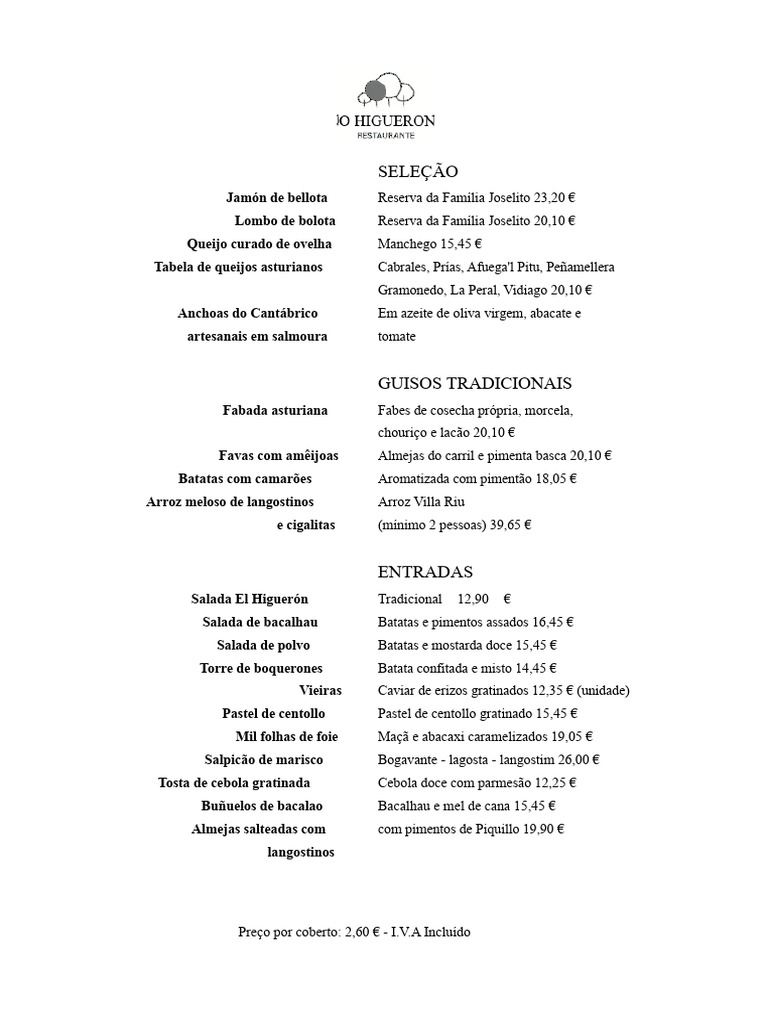 Menu e Preços El Higuerón | PDF | Fruto do mar | Alimentos