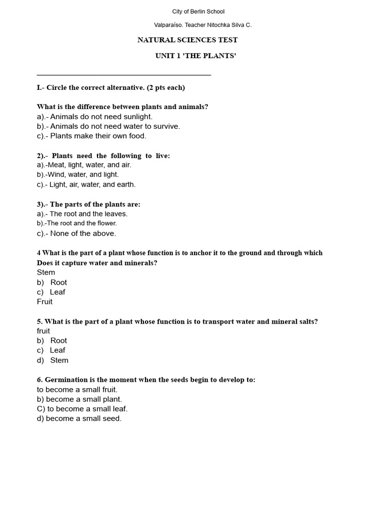 Natural Sciences Test on Plants | PDF