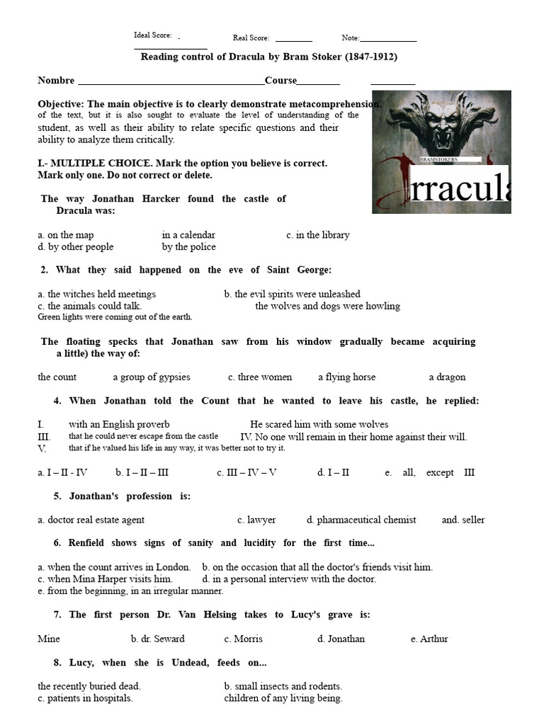 Dracula Reading Comprehension Quiz | PDF | Abraham Van Helsing | Mina ...