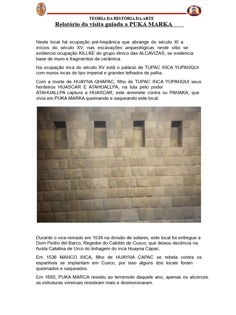 Relatório Da Visita Guiada A PUKA MARKA | PDF | Império Inca