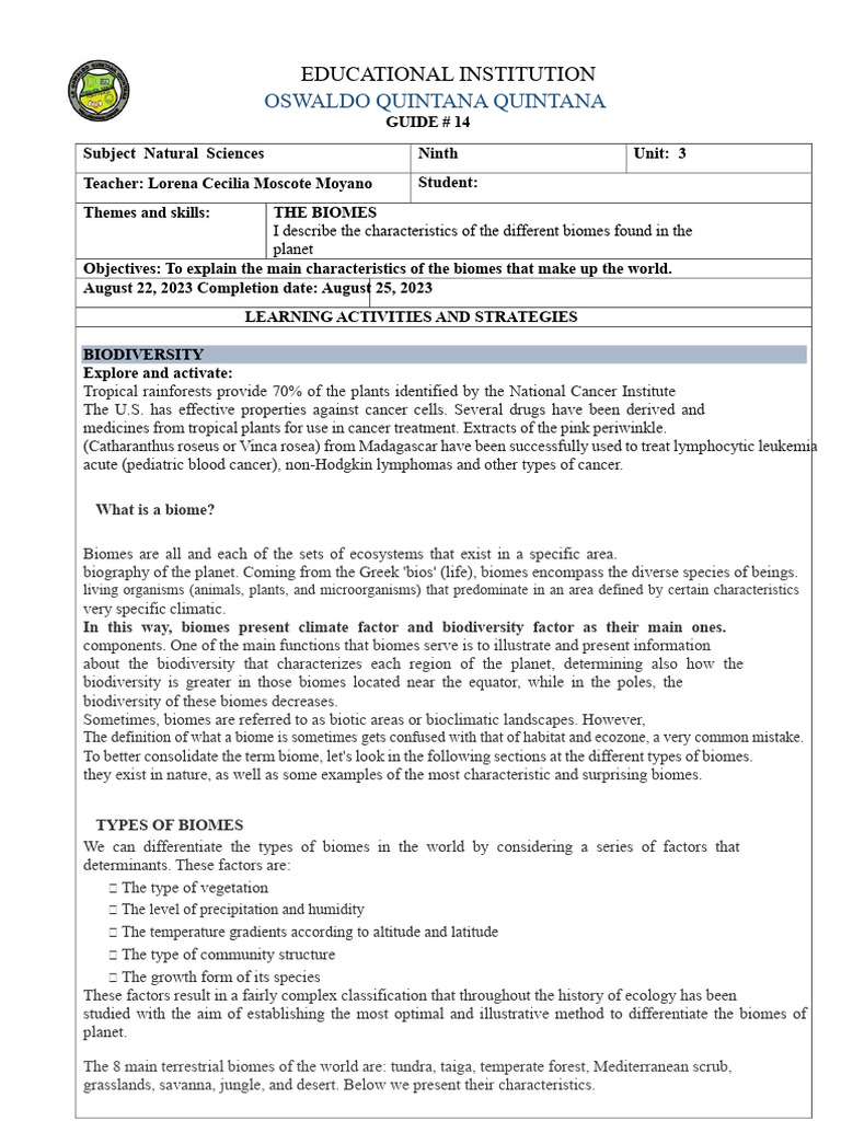 Guide 14 # Biomes of The World For Ninth Grade | PDF | Forests | Grassland