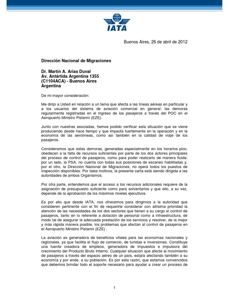 Carta IATA a DNM Por Demoras EZE | Aeropuerto | Migración humana