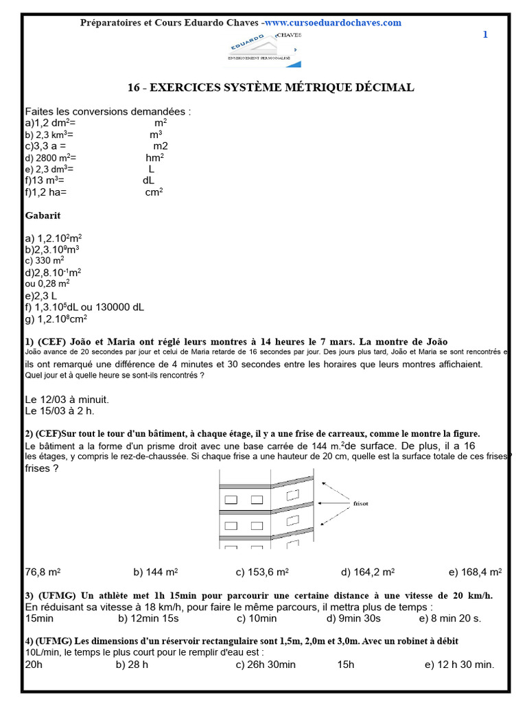 16 Exercices Système Métrique Décimal | PDF