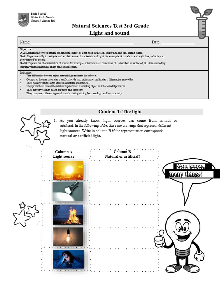 Natural Sciences Test 3rd Grade: Light and Sound | PDF | Light | Sound