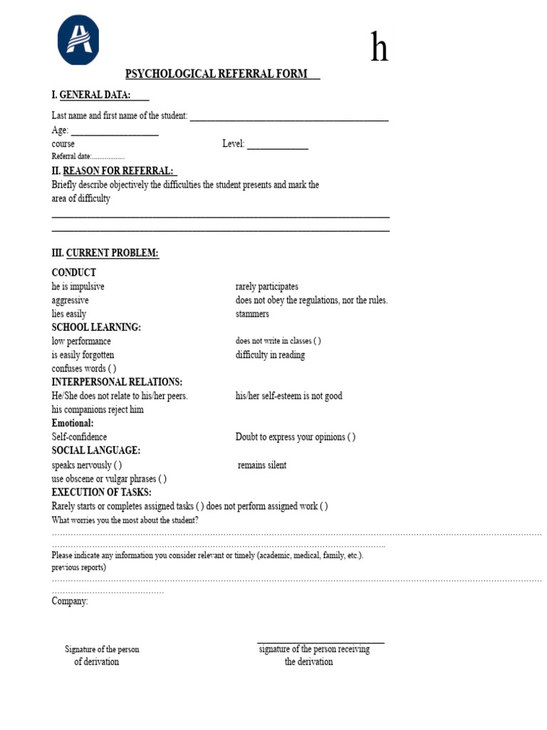 Psychological Referral Form Template | PDF