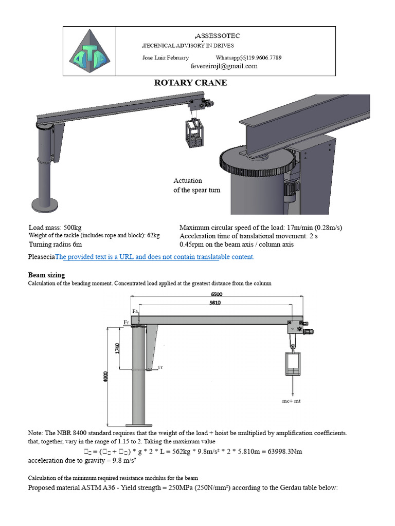 Rotary Crane Design and Calculations | PDF | Gear | Beam (Structure)