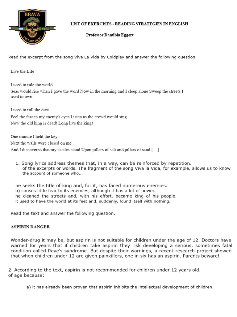 Reading Strategies for English Exercises | PDF | Jokes | Aspirin