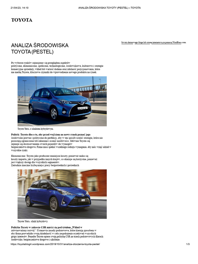 Analiza Otoczenia Toyoty (Pestel) - Toyota | PDF