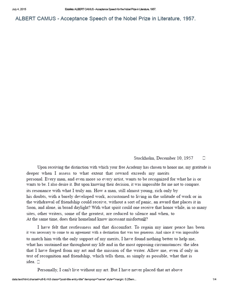 Camus' 1957 Nobel Prize Acceptance Speech | PDF | Albert Camus