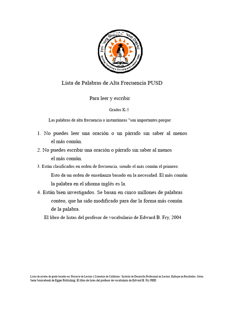 Palabras de Alta Frecuencia K-5 PUSD | PDF