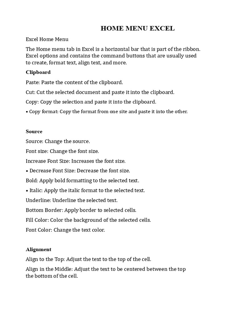 Excel Home Menu Overview | PDF | Microsoft Excel | Typefaces