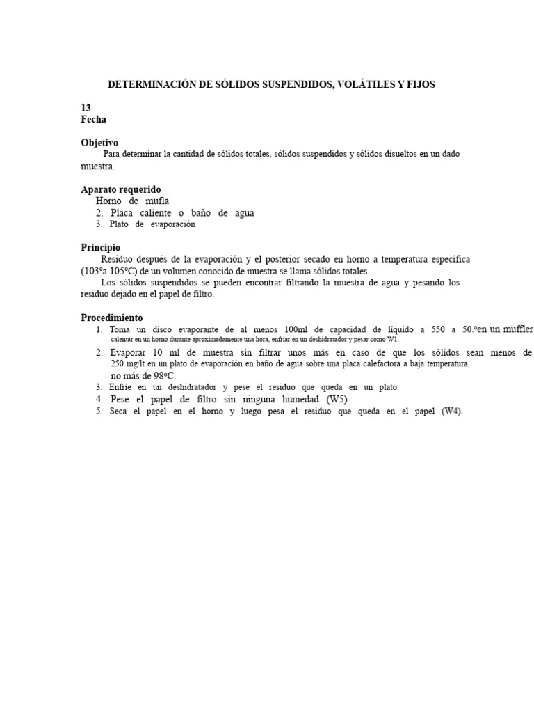 Determinación de Sólidos Suspendidos, Volátiles y Fijos | PDF
