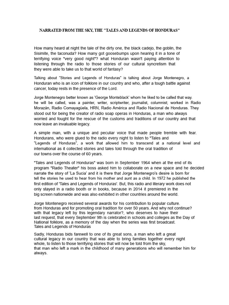 Narrated From The Sky, The "Tales and Legends of Honduras" | PDF ...