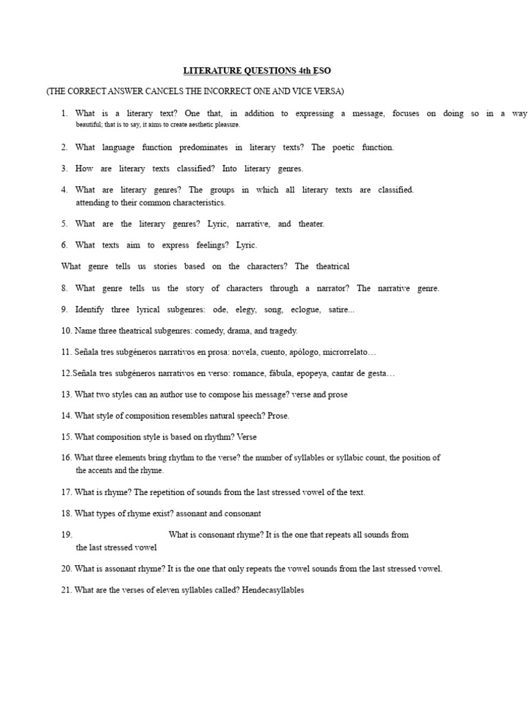 100 Literature Questions To Raise Your Grade in 4TH Grade | PDF ...