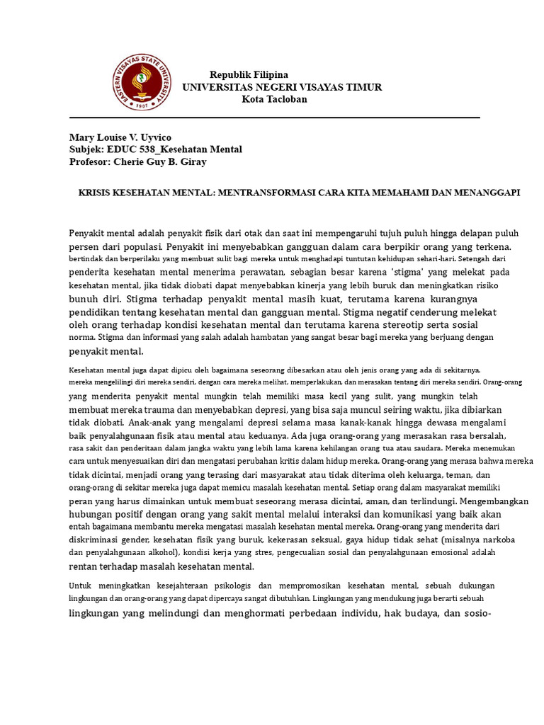 Makalah Reaksi Tentang Kesehatan Mental | PDF