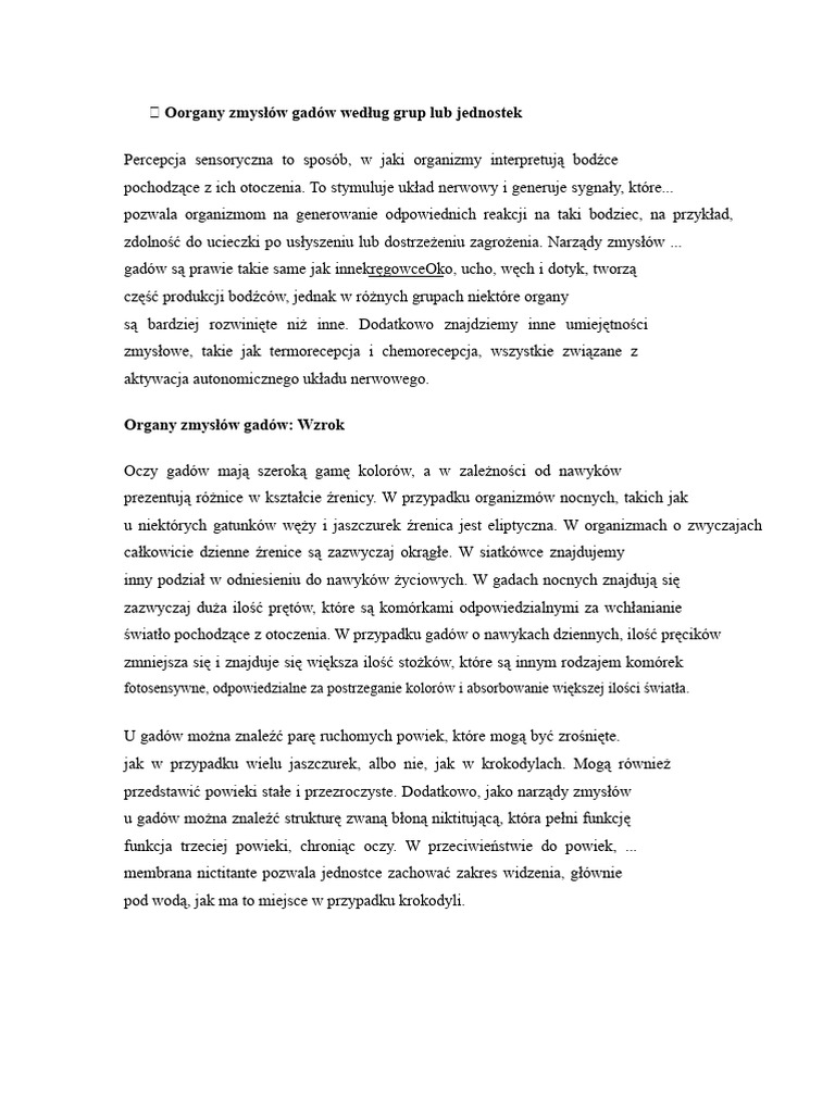 Zmysły Gadów Według Grup Lub Osobników | PDF