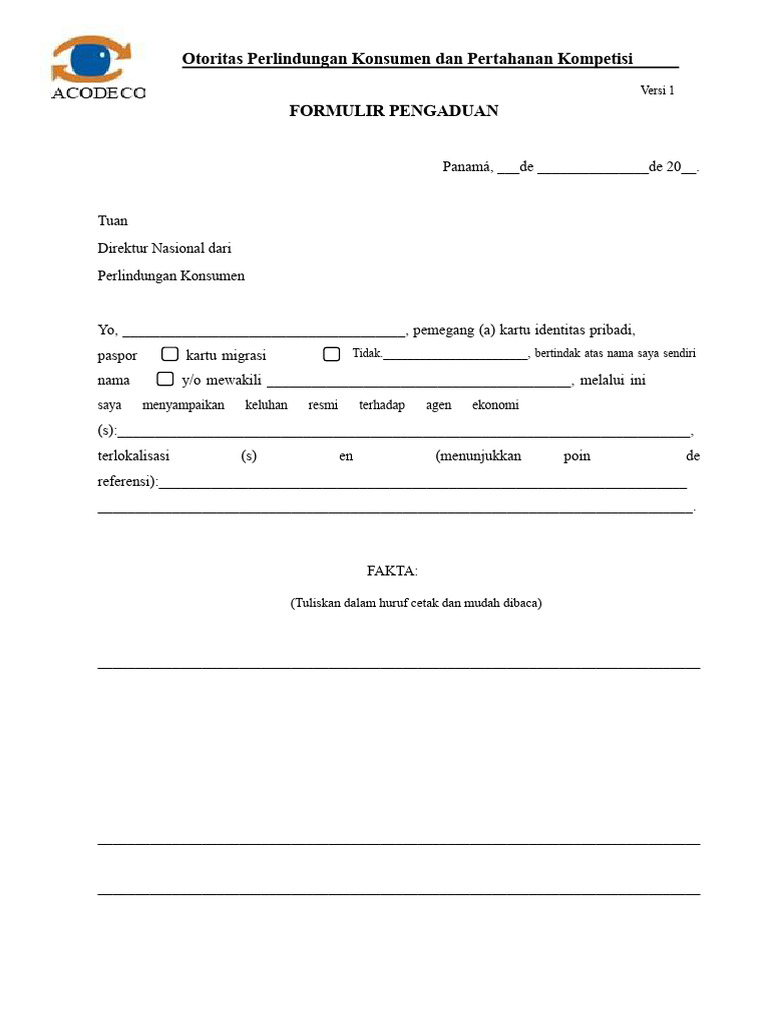 ACODECO-ATCL-FO-01. Formulir Keluhan. Versi 1 | PDF