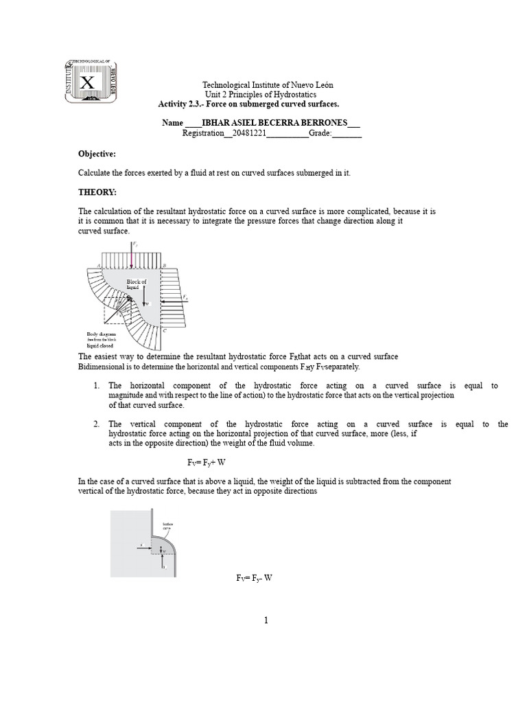 Act 2.3. - Force On Submerged Curved Surfaces | PDF | Force | Pressure