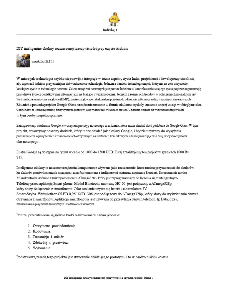 DIY Inteligentne Okulary Rzeczywistości Rozszerzonej Z Użyciem Arduino | PDF