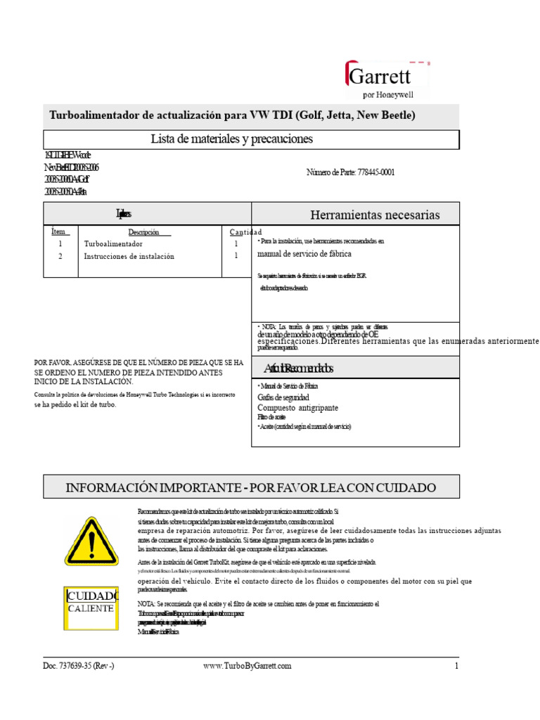 Instrucciones de Instalación de Actualización Del TDI BEW 778445 | PDF | Turbocompresor | Coche