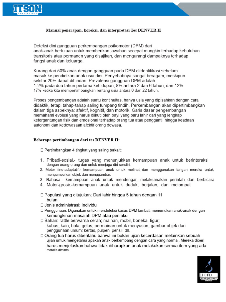 Manual Aplikasi Koreksi Dan Interpretasi Tes DENVER II | PDF