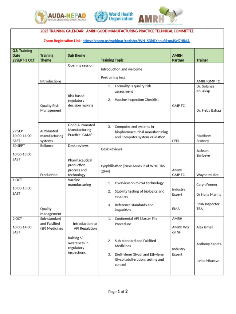 2025 AMRH GMP Training Calendar | PDF | Drugs | Pharmacy