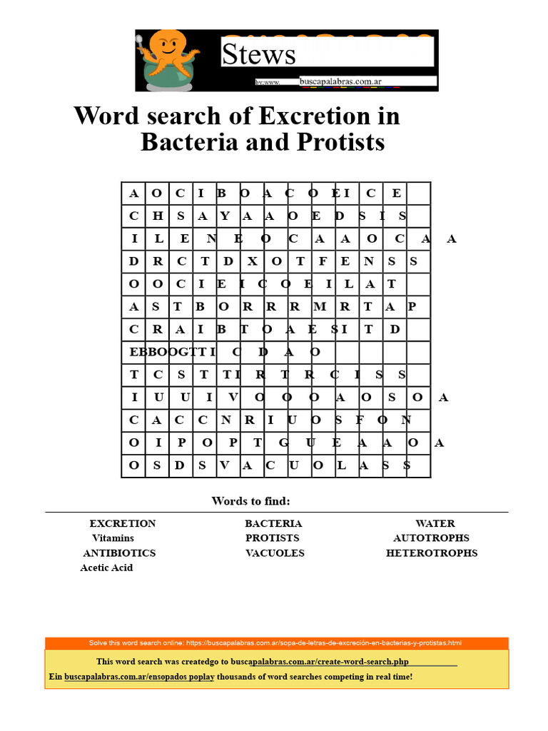 Excretion Word Search: Bacteria & Protists | PDF