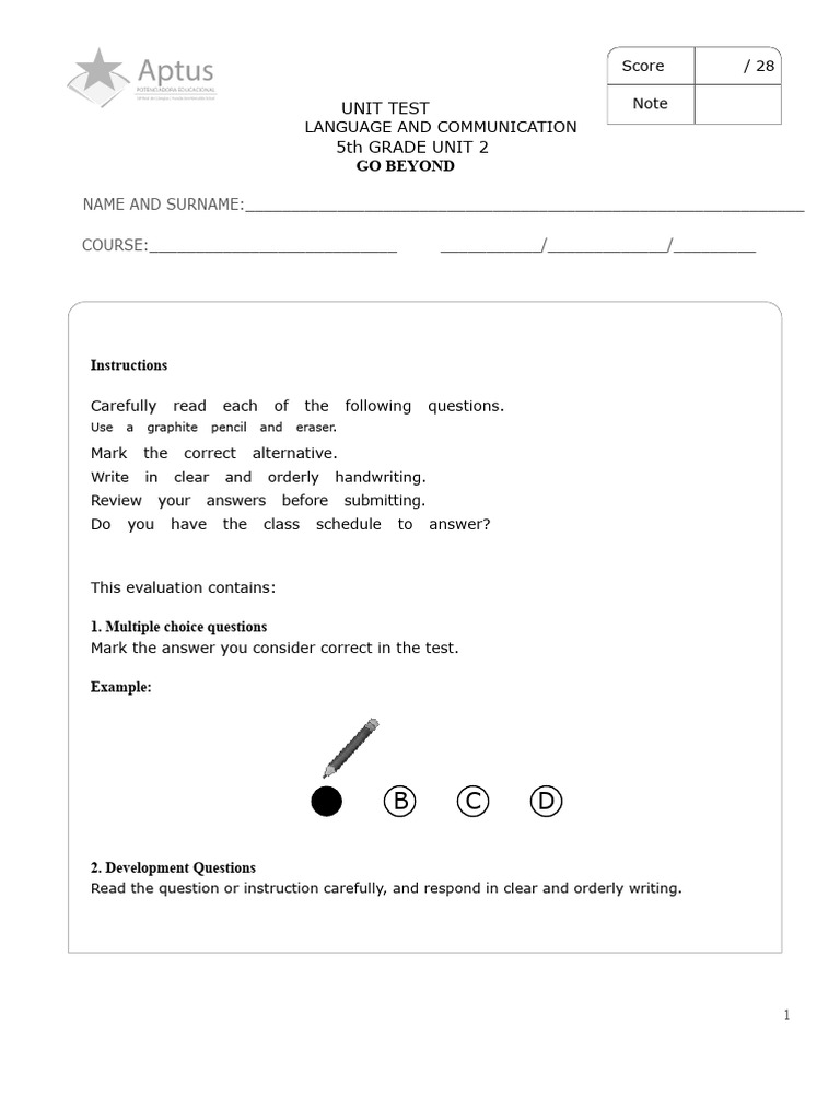 Aptus Test 5th Grade Unit 2 LANGUAGE | PDF | Multiple Choice