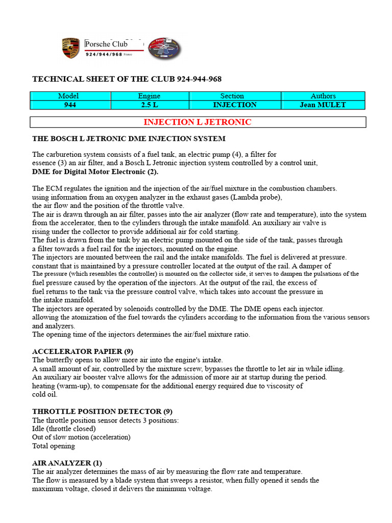 Porsche 944 L-Jetronic Injection System | PDF | Throttle | Fuel Injection