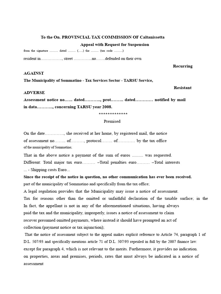 Generic Appeal Tax Commission CL - Tarsu | PDF | Taxes | Appeal
