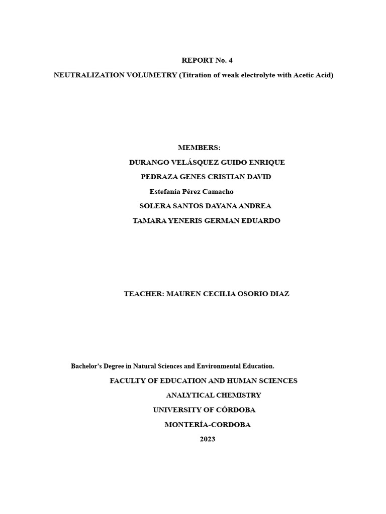 REPORT #5 Neutralization Volumetry (Titration of Weak Electrolytes ...