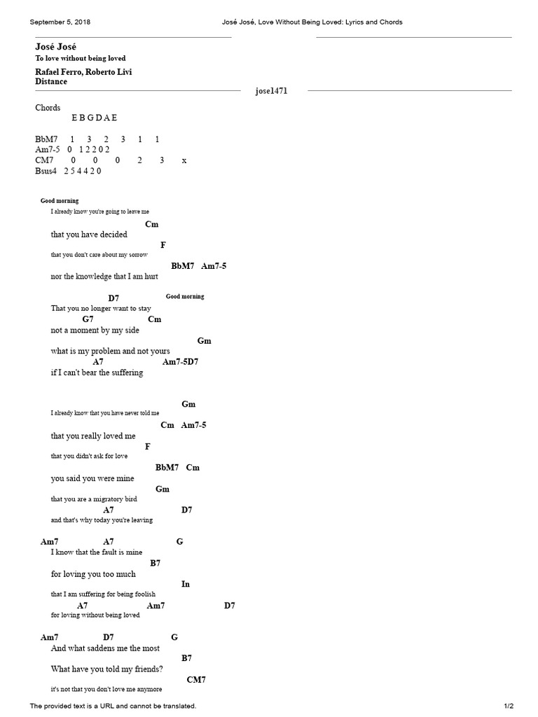 José José, Love Without Being Loved - Lyrics and Chords | PDF