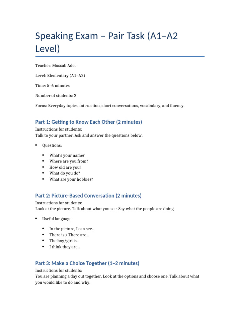 Speaking Exam Pairs A1 A2 Elementary Mussab Adel | PDF