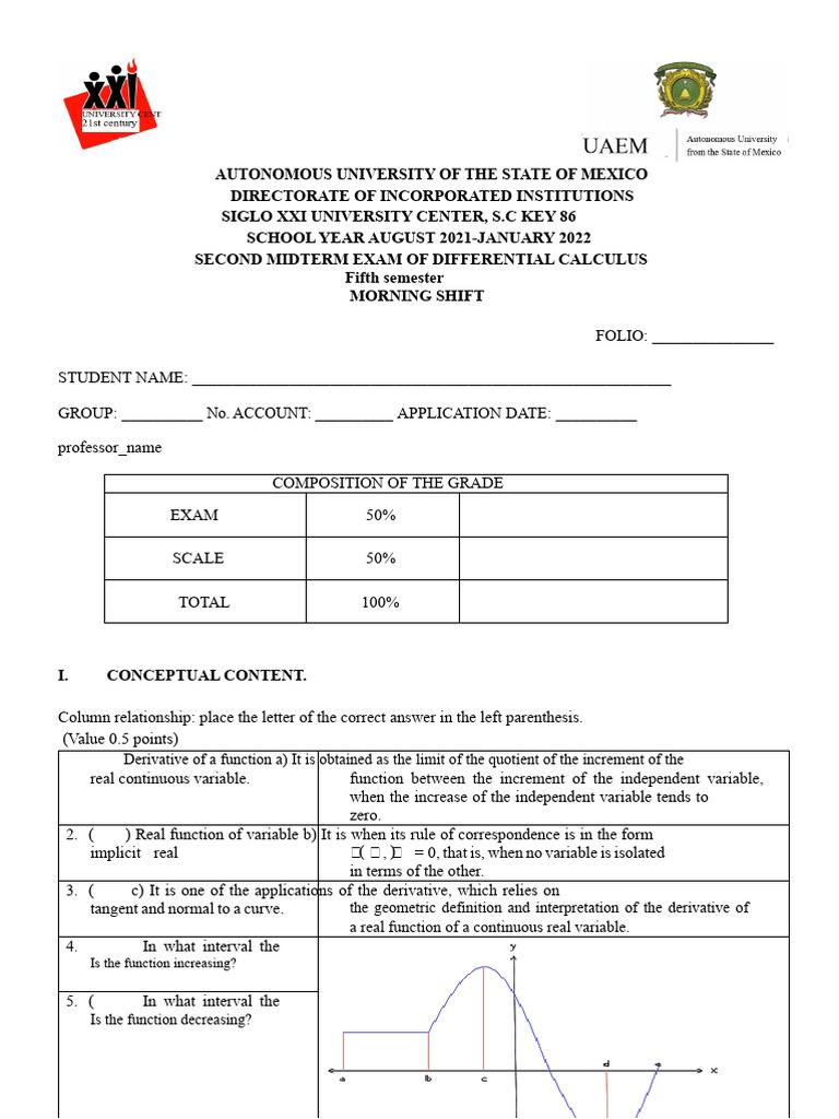 Second Partial Exam Differential Calculus | PDF | Derivative | Function (Mathematics)