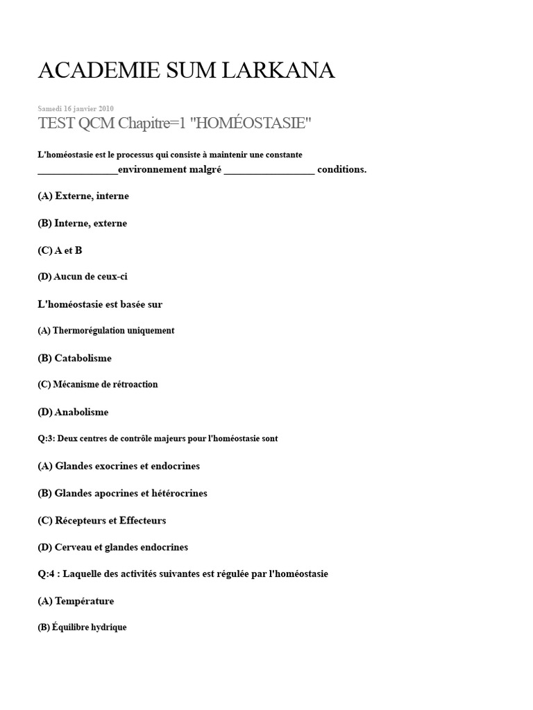Test QCM sur l'Homéostasie et l'Excrétion | PDF | Rein | Osmose