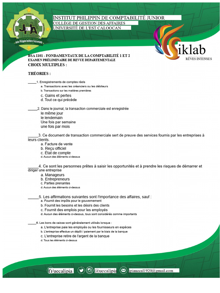 BSA 1101 Fondamentaux de La Comptabilité 1 Et 2 Prélim PDF | PDF | Comptabilité | Bilan comptable