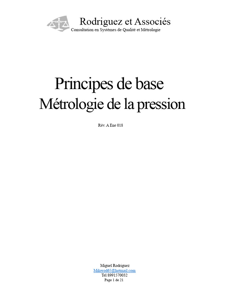 Métrologie de la Pression : Concepts Clés | PDF | Pascal (Unité ...