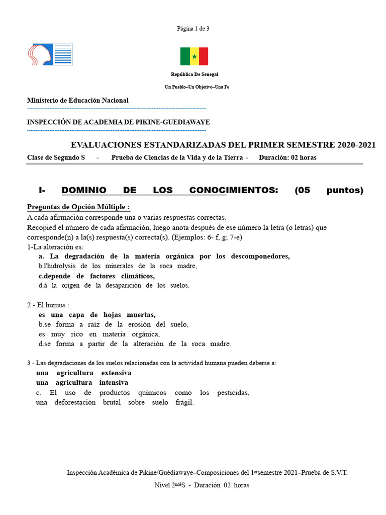 Evaluación Estandarizada 1er Semestre SVT 2nde S 2020-2021 Sena | PDF | Suelo | Ciencias de la ...