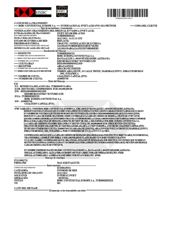 1 - Swift MT199 Pre Aviso | PDF | Carta de crédito | Tecnología bancaria