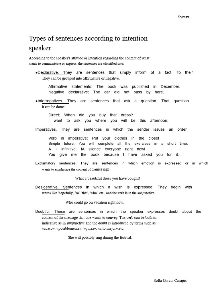 Types of Sentences According To The Speaker's Intention | PDF ...