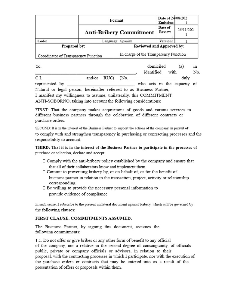 Anti-Bribery Commitment Document | PDF | Bribery | Breach Of Contract