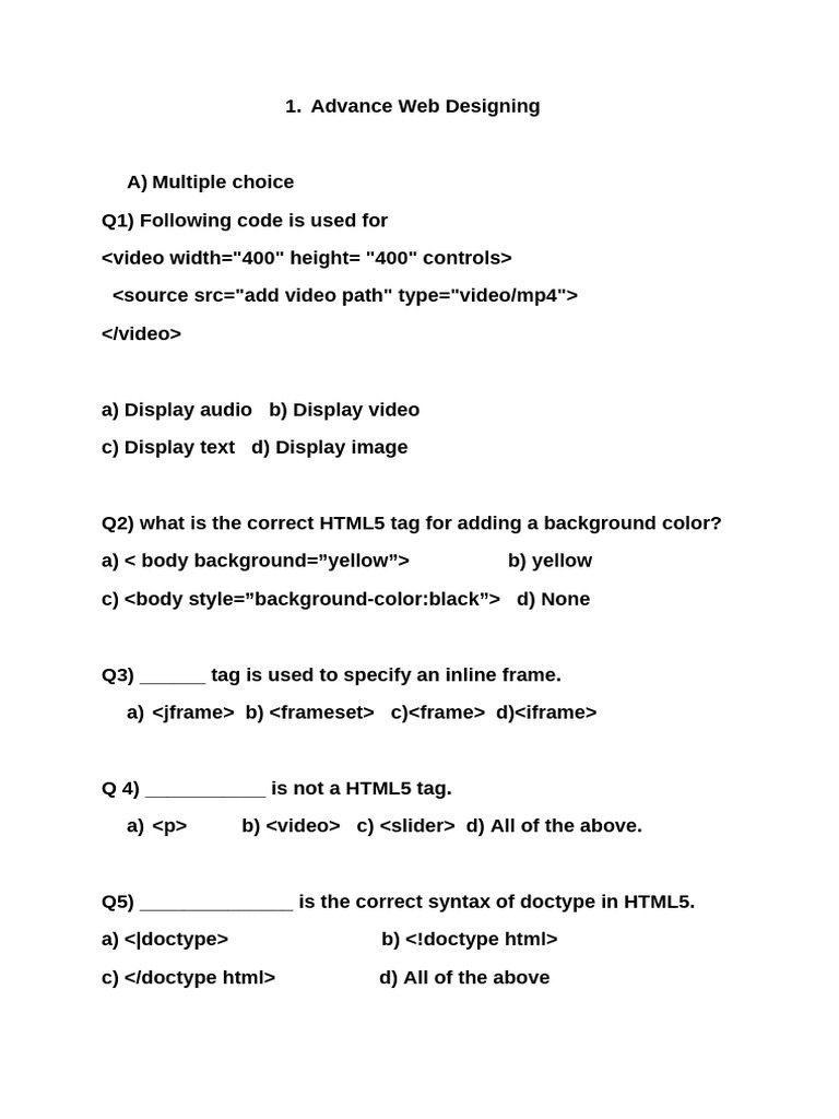 HTML5 Web Design Quiz Questions | PDF
