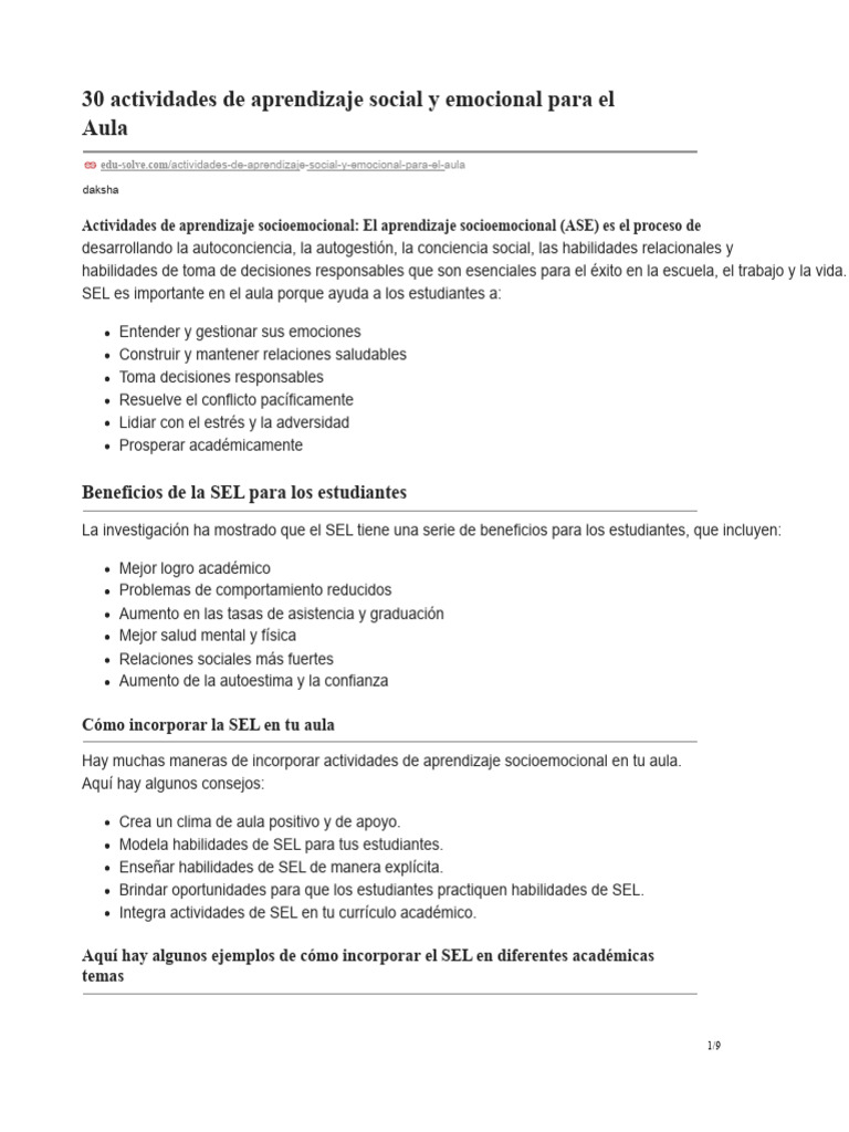 30 Actividades de Aprendizaje Socioemocional para El Aula | PDF ...