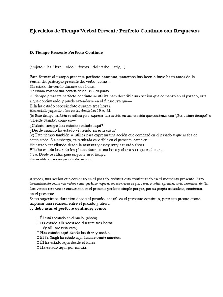 Ejercicios de Presente Perfecto Continuo | PDF | Verbo | Asunto (gramática)