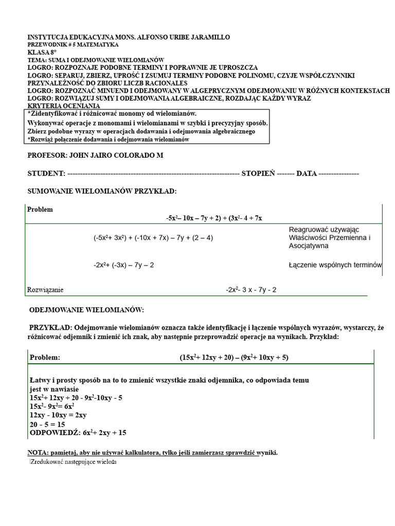 PRZEWODNIK # 5 KLASA 8 - 2020 Suma I Różnica Algebraiczna | PDF