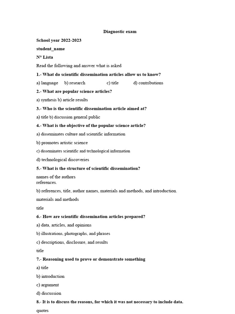 Diagnostic Exam Spanish (Mother Tongue) | PDF | Science | Adverb