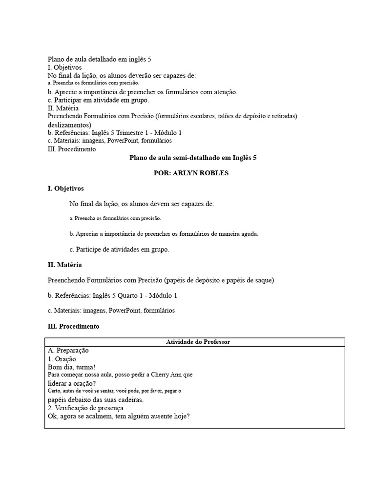PLANO DE AULA DE PREENCHIMENTO DE FORMULÁRIOS em Inglês 5 | PDF ...