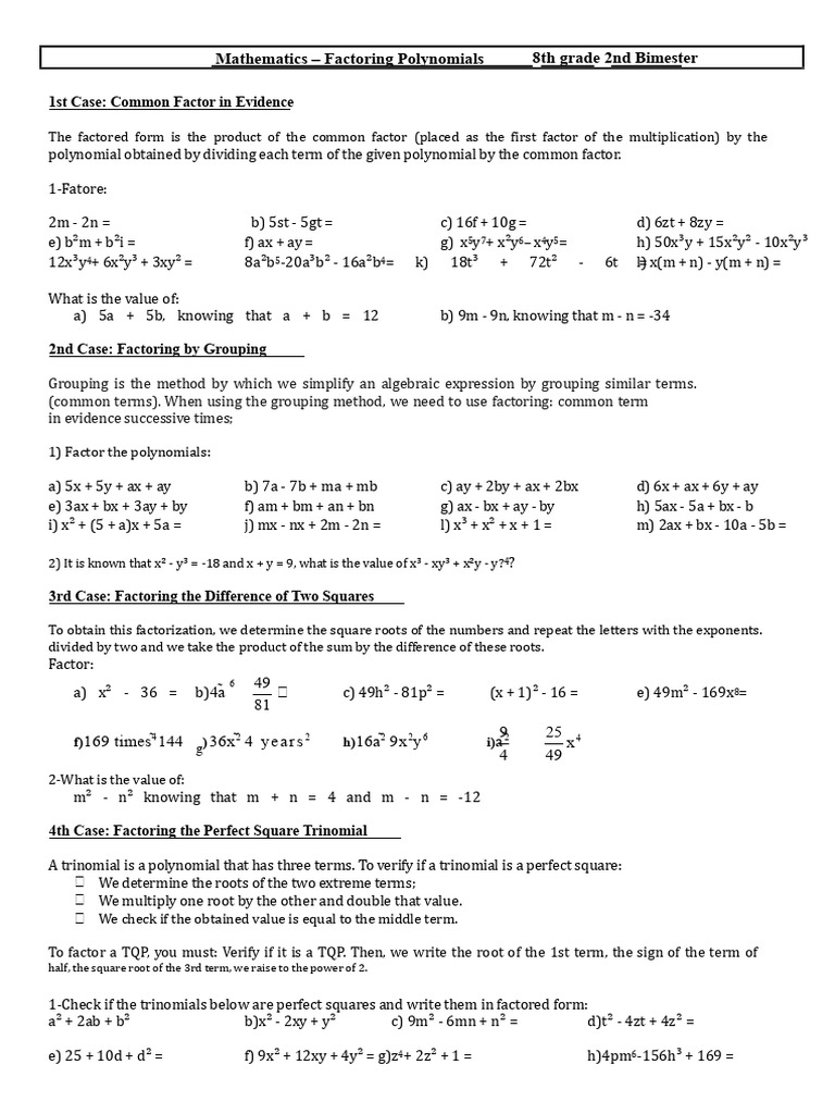 Factoring Polynomials 8th Grade | PDF | Factorization | Polynomial